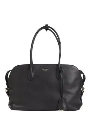 Prada Leather Shopping Bag With Printed Logo - Black