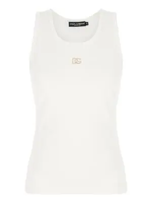 Dolce & Gabbana Ribbed Tank Top With Embellished Logo - Multicolor