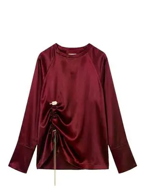 DANAMÉ Two-piece Set: Satin Ruched Blouse And Straight Pants - Red