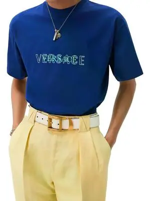 Versace Embroidered-logo Cotton-jersey Regular T-shirt - Blue