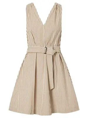 Brunello Cucinelli Brunello Cucinelli Belted Seersucker Cotton-Blend Mini Dress Neutrals