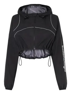 Balenciaga Cropped Hooded Shell Jacket With White Piping - Black