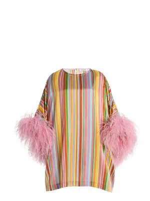 Françoise La Isla Daisy Feather-trimmed Silk Caftan - Multi