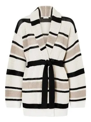 Brunello Cucinelli Belted Open-knit Striped Cotton Cardigan - Multi