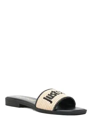 Just Cavalli Logo Embroidered Raffia-effect Sandals - Neutrals