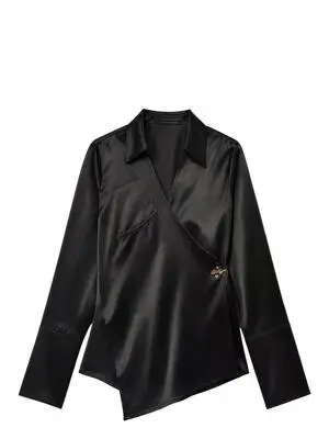 DANAMÉ Satin Wrap Blouse - Black