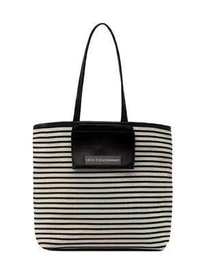 LOLA CASADEMUNT Striped Logo Plaque Tote Bag - Black