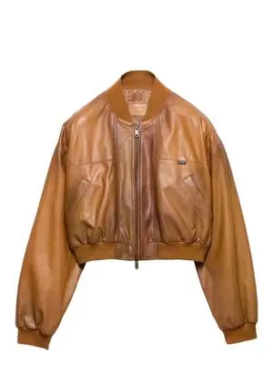 Prada Cropped Nappa Leather Jacket With Ribbed Trim - Brown