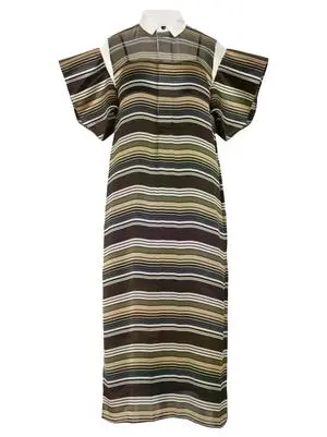 Sacai Striped Short-sleeve Midi Dress - Brown