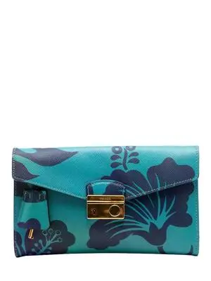 Prada Saffiano Hibiscus Print Sound Lock Clutch Bag - Blue