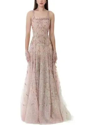 DINA MELWANI Hand-embroidered Stardust Tulle Maxi Gown - Pink