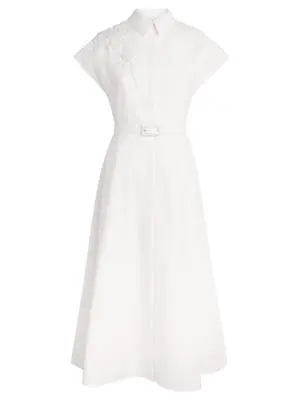 Huishan Zhang Floral Appliqué Maddalena Midi Shirt Dress - White