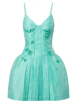 SHUSHU/TONG Embellished Linen-blend Mini Dress - Turquoise