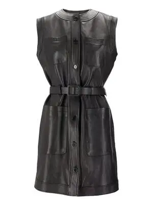 LA ROSE Belted Leather Mini Dress - Black