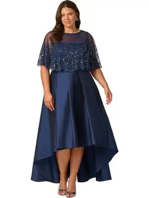Adrianna Papell Beaded Cape High-low Taffeta Gown - Light Navy