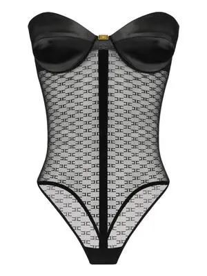 Elisabetta Franchi Monogram Jacquard Tulle Bodysuit - Black