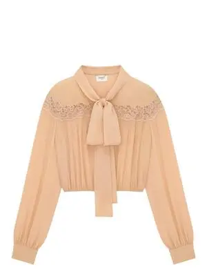 Saint Laurent Lace Lavalliere Cropped Blouse - Nude