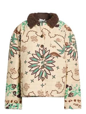 ARIZONA LOVE Multicolor Printed Cotton Jacket With Teddy Fleece Trims - Sand