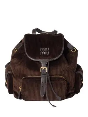 Miu Miu Logo Detailed Corduroy Backpack - Ebony