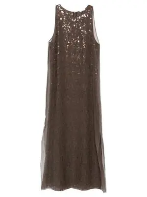 Brunello Cucinelli Sleeveless Sequin Embellished Midi Dress - Dark Chocolate
