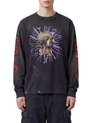 SAINT MXXXXXX Long-sleeved Graphic Print Cotton T-shirt In A Relaxed Fit - Grey