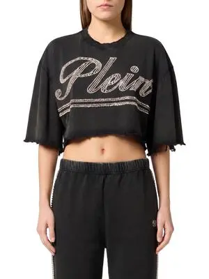 Philipp Plein Philipp Plein Cotton Crew-Neck T-Shirt With Rhinestone Logo Black