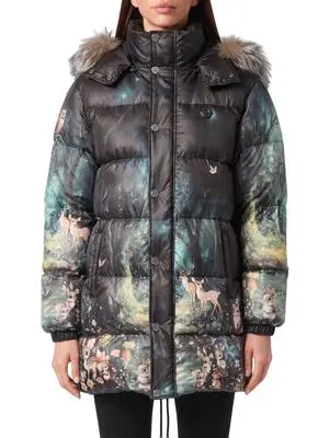 Philipp Plein Padded Jacket With Forest Print And Fur Trim - Multicolor