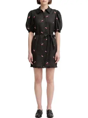 TWINSET Ramie Embroidered Mini Dress With Puff Sleeves And Belt - Black