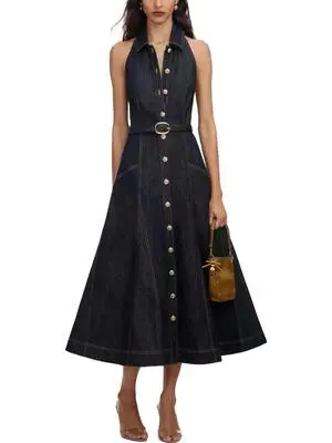 SELF-PORTRAIT Denim Midi Dress With Belt - Blue