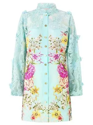 Camilla Lace Sleeve Floral Dress - Blue