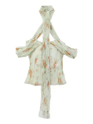 Alexander McQueen Floral Pleated Off-the-shoulder Chiffon Top - Stone/light Orange