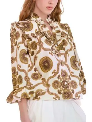 Cara Cara Ruffle-trimmed Floral Print High Neck Top - White