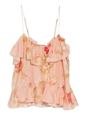 Zimmermann Roselight Tiered Floral Silk Top - Pink