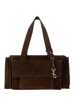 Miu Miu Dark Suede Shopping Bag With Silver Tone Hardware - Brown