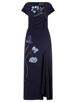 Lela Rose Floral Cord Embroidered Fluid Crepe Cascade Dress - Blue