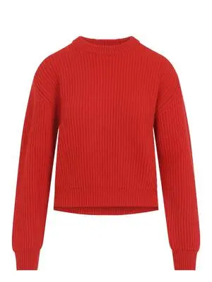 JIL SANDER Ribbed Crew Neck Knit Sweater - Red