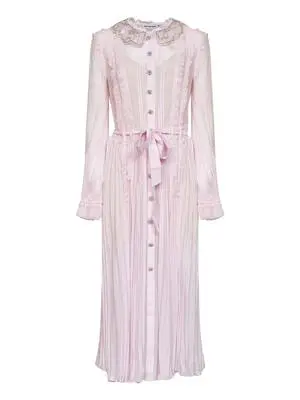 SELF-PORTRAIT Pink Pleated Chiffon Belted Midi Dress - Multicolor