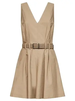 Brunello Cucinelli Sahara Texture Twill Mini Dress With Belt And Monili - Multicolor
