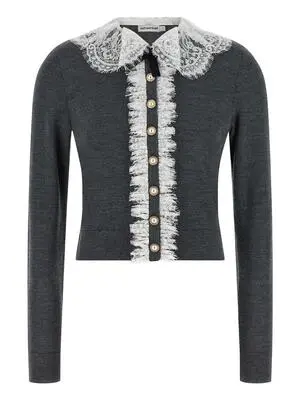 SELF-PORTRAIT SELF-PORTRAIT Grey Lace Collar Knit Cardigan Gray