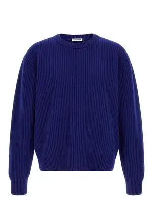 JIL SANDER Fisherman's Rib Crew Neck Heavy Ribbed Wool Sweater - Blue