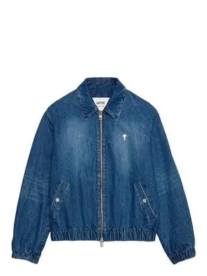 Ami Logo Detailed Zipped Denim Jacket - Blue