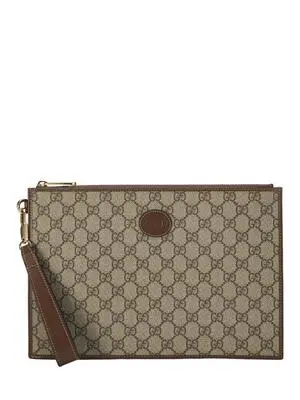 Gucci Gg Supreme Canvas Clutch With Leather Trim - Brown