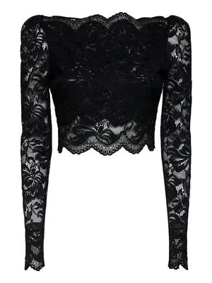 Rabanne Black Stretch Floral Lace Long-sleeved Cropped Top - Multicolor