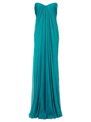 Alexander McQueen McQueen Draped Silk Chiffon Bustier Gown Blue