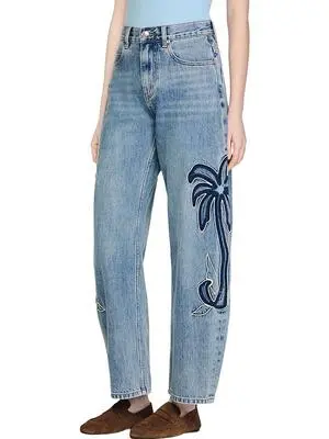 Sandro Wide Leg Barrel Jeans With Palm Embroidery - Blue Jean
