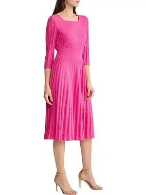 Ming Wang Linear Pointelle Knit Fit And Flare Midi Dress - Carmine Rose