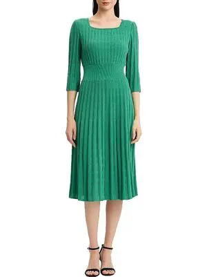 Ming Wang Linear Pointelle Knit Fit And Flare Midi Dress - Kelly Green