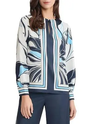 Ming Wang Floral Abstract Crepe De Chine Blouse - Indigo/white/limestone/serene