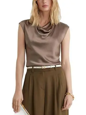 REISS Silk Draped Top - Taupe Brown
