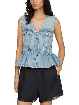 GANNI Lightweight Denim Peplum Top - Light Blue
